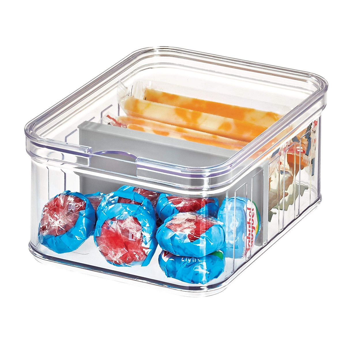 iDesign Plastic Crisp Divided Fruit and Vegetable Storage with Easy to Grip Integrated Handles Designed to Keep Food Fresh Longer, 8.32" x 6.32" x 3.76", 2 Section