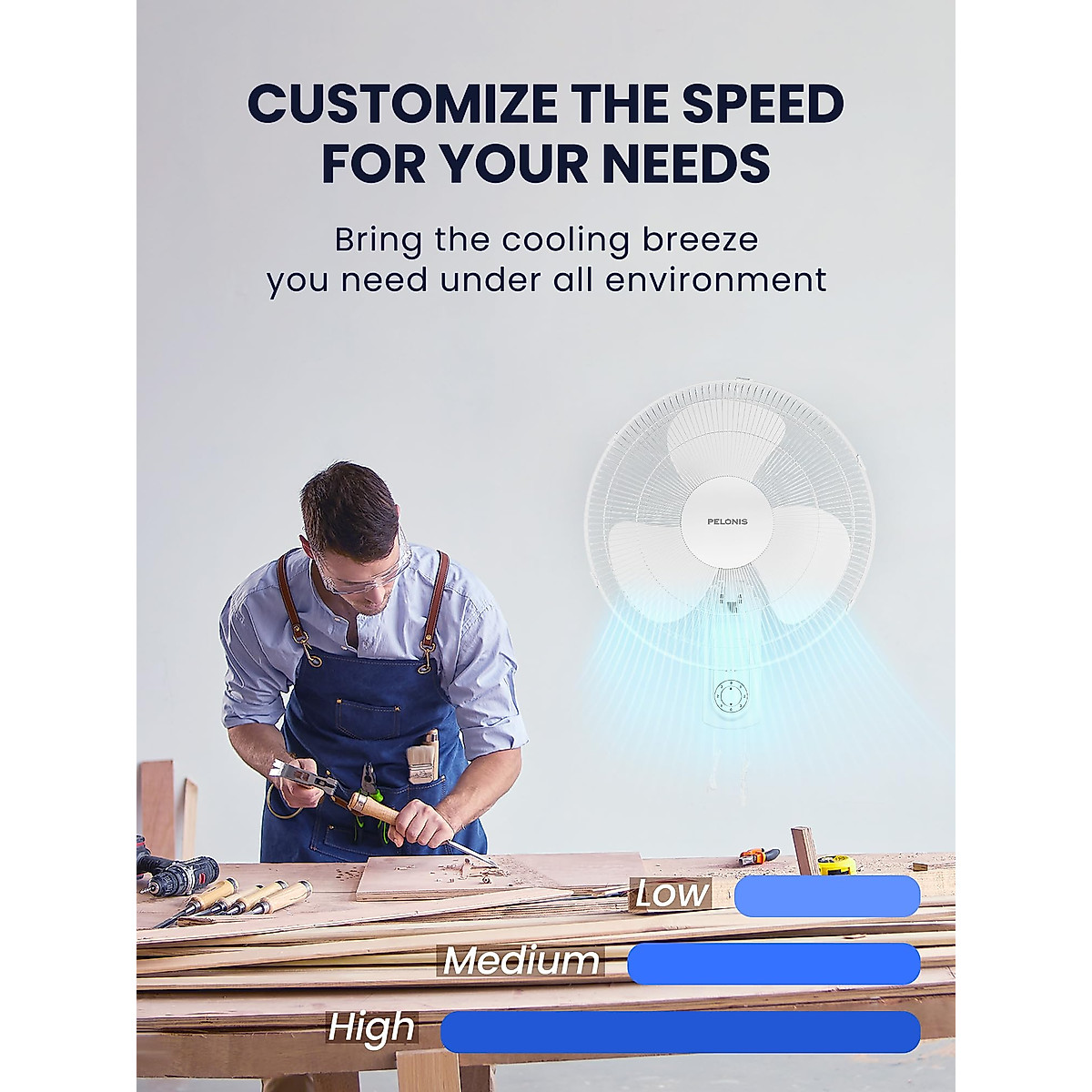 PELONIS 16’’ Wall Mount Fan with 3 Speed Settings Oscillating Household Wall Mounted Fan with Adjustable Tilt High Velocity for Garage Patios Bedroom, 2 Packs White