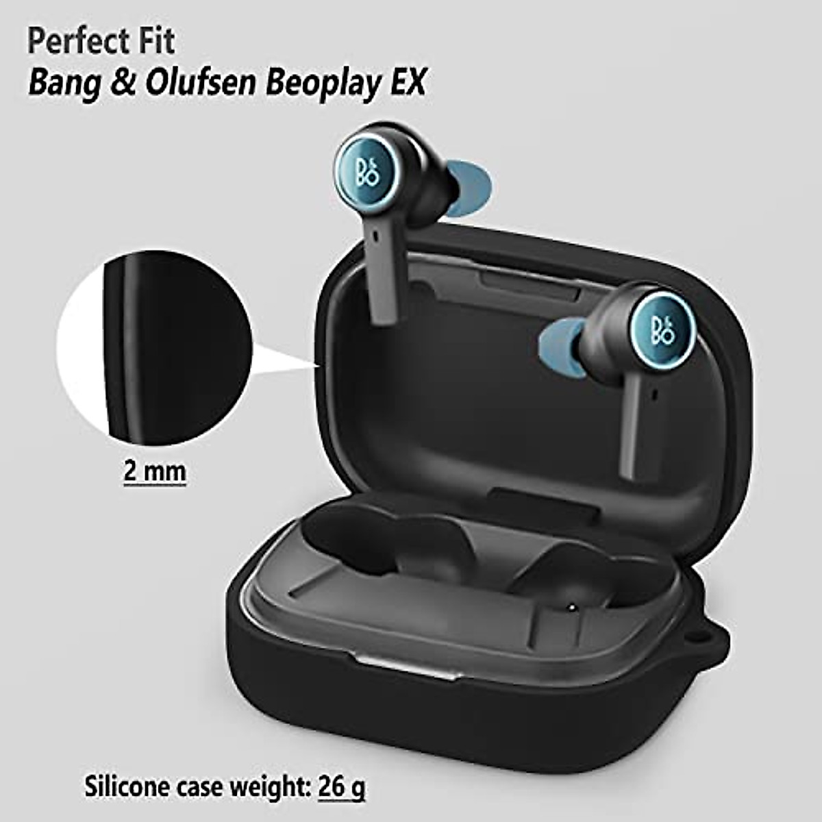 Geiomoo Silicone Case Compatible with Bang Olufsen Beoplay EX, Protective Cover with Carabiner (Black)