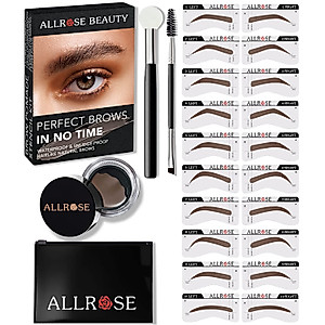 ALLROSE Eyebrow Stamp Stencil Kit - Waterproof Eye Brow Stamping Kit for Perfect Eyebrows with 20 Brow Stencils, Brow Stamp Stencil Kit, Dark Brown