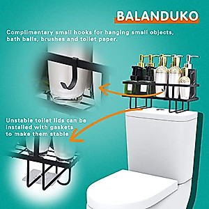 BALANDUKO Bathroom Organizer Over The Toilet Storage Shelf, Iron Restroom Organizers with Hanging Hook & Adhesive Base, No Drilling Space Saver with Wall Mounting Design (Black)