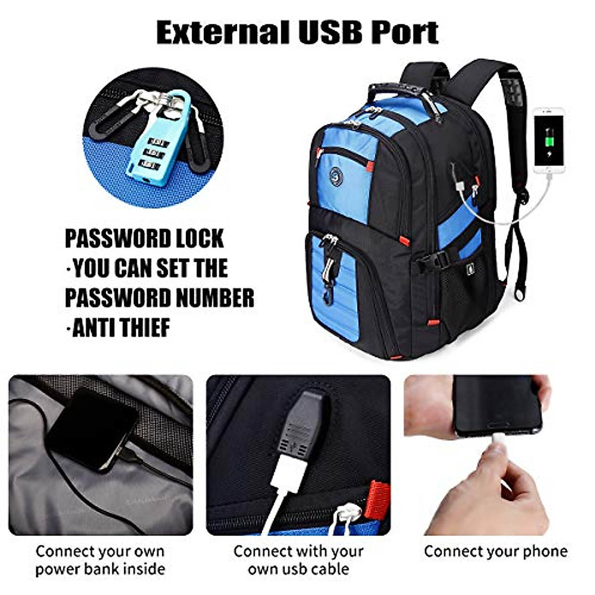 SHRRADOO Extra Large 50L Travel Laptop Backpack with USB Charging Port, College Backpack Airline Approved Business Work Bag Fits 17 Inch Computer for Men Women