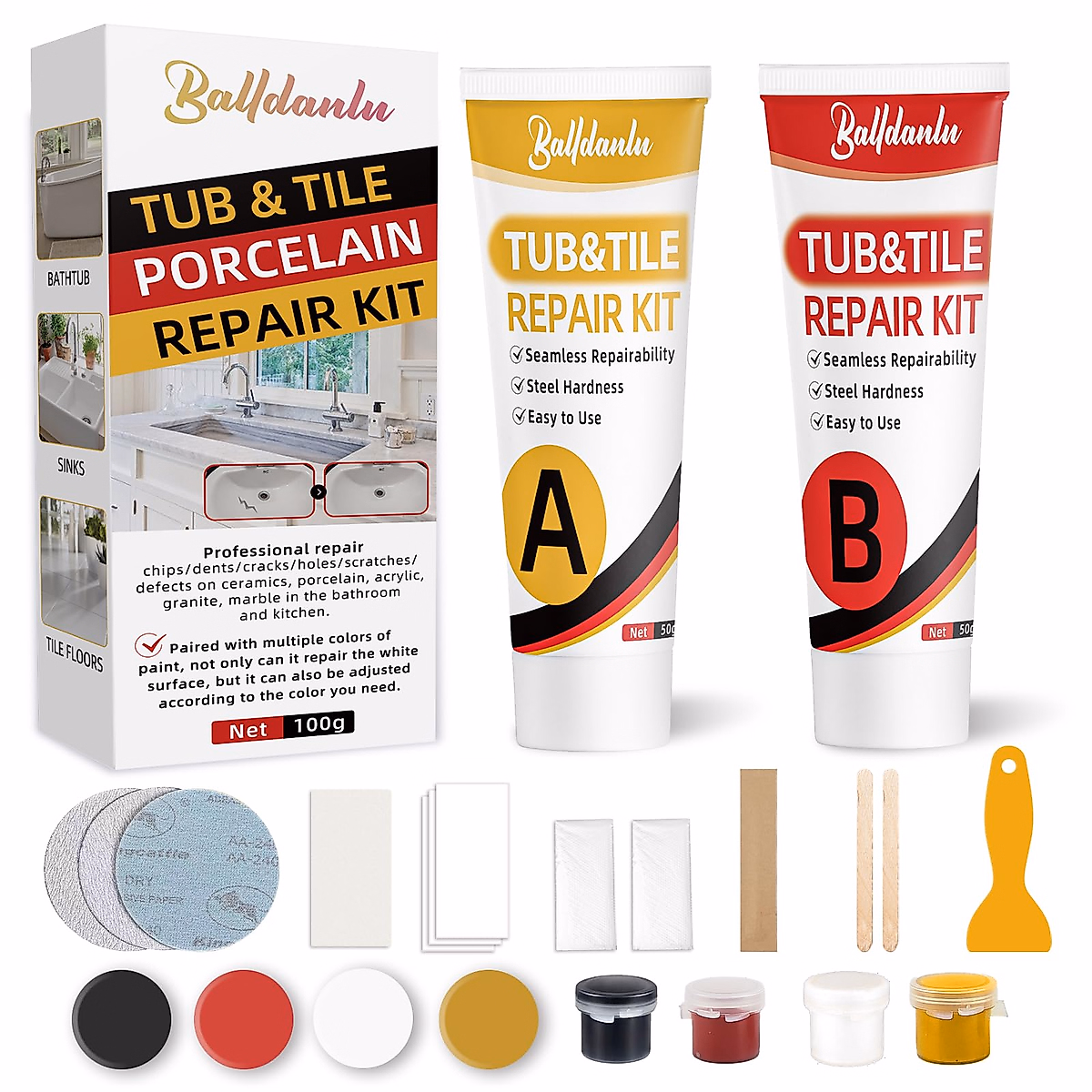 Porcelain Repair Kit, Fiberglass Tub and Tile Repair Kit Quick Repair Bathtub, Ceramic, Toilet, Tray, Resin, Marble Shower Sink, Acrylic Quartz, Super Adhesion to Fix Cracks Chips and Dents (White)