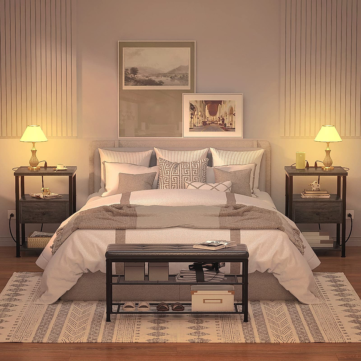 Ecoprsio Nightstand Set of 2, Nightstands with Charging Station, End Table Bedside Table with USB Port, Modern Nightstands with Drawers Storage Shelf, Wood Night Stands for Bedroom, Living Room, Grey