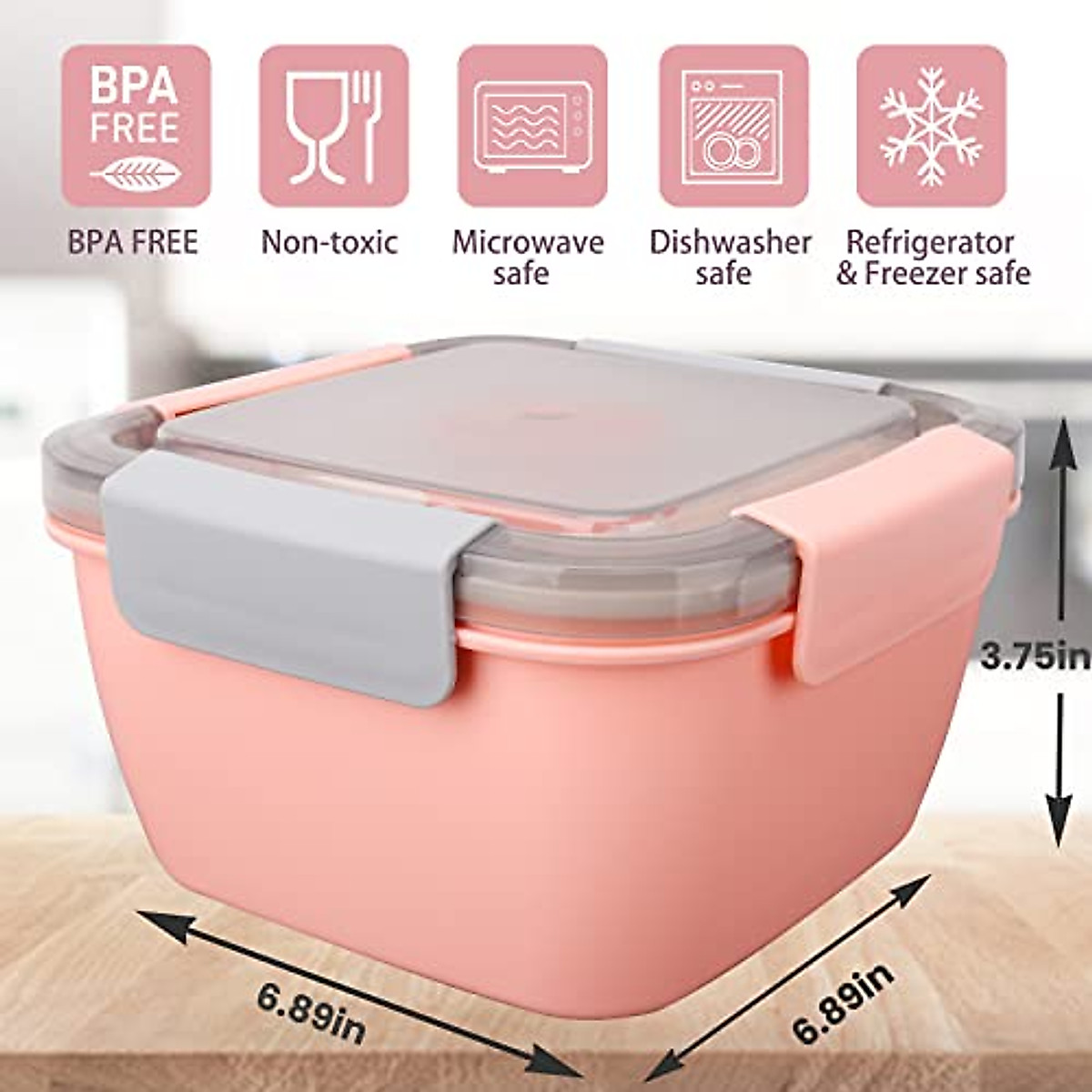 Ylebs 2 Pack Bento Box Adult Lunch Box,52-oz Salad Bowls,3 Compartment Tray with Salad Dressings Container,Used to Meal Pre-prepare Food Fruit Snack,Leak Proof (Pink)