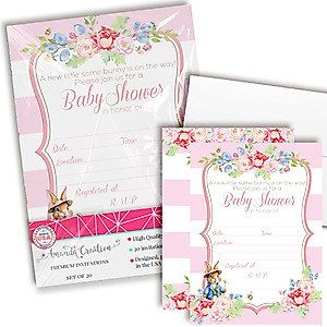 Amanda Creation Little Bunny Rabbit Baby Shower Invites for Girls, 20 5x7 Double Sided Fill In Pink Bunny Invitations with Twenty White Envelopes Floral Cards It’s A Girl