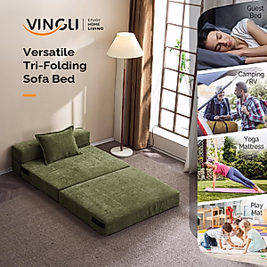 VINGLI Futon Sofa Bed Sleeper Sofa Chair Bed Twin Floor Sofa Bed Small Couch Folding Mattress Olive Green Couches for Living Room Floor Chair Freestanding RV Futon Couches for Indoor and Outdoor