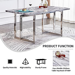 TesNus Marble Dining Table, Modern Rectangular Faux Marble Dining Table for 6 with Metal Legs for Kitchen Dining Living Room (Grey+Sliver)