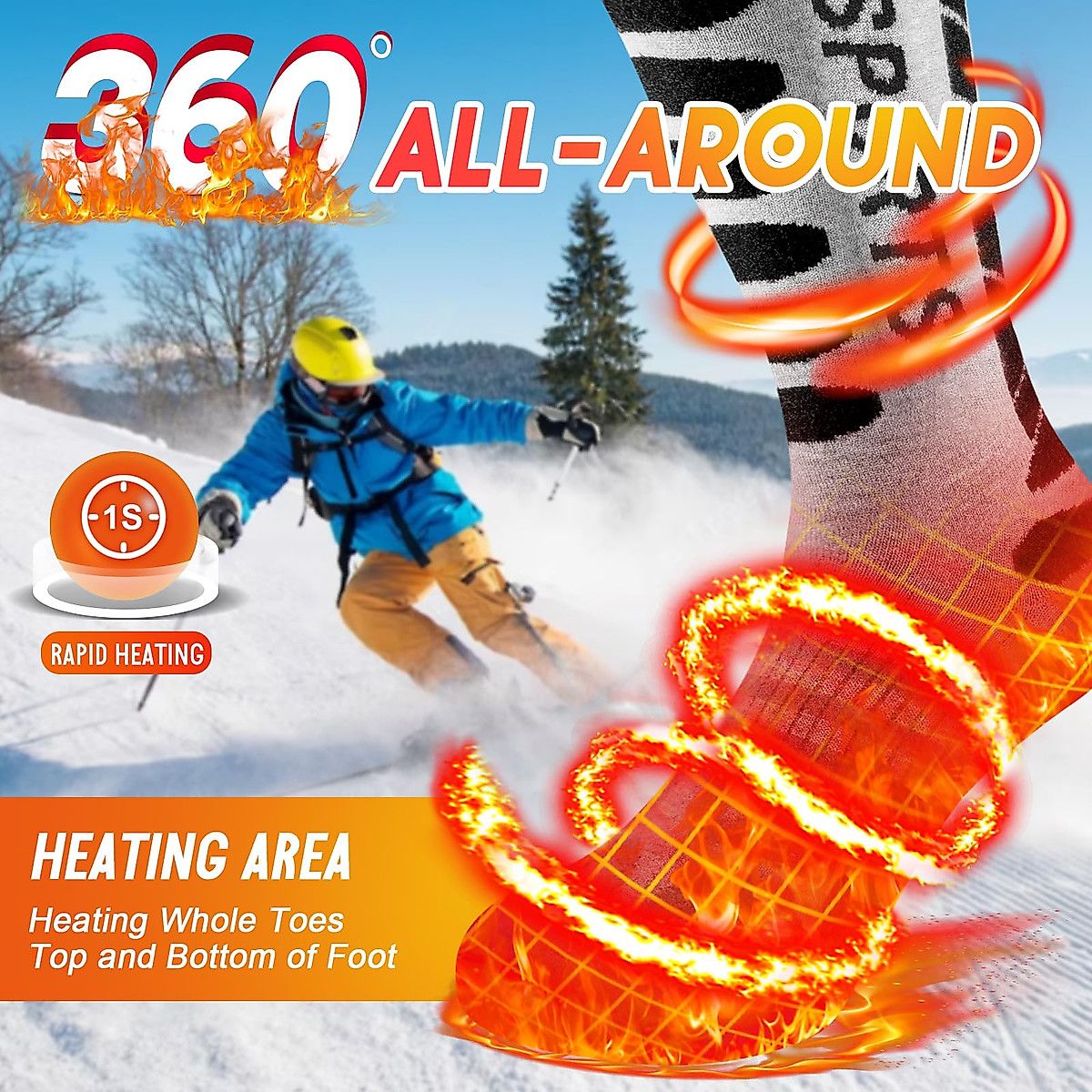Heated Socks, Electric Heated Socks for Women Men, 4 Heat Settings Rechargeable Heating Socks with 360° Heating, Machine Washable Thermal Electric Socks Unisex Foot Warmer for Hunting Skiing Camping