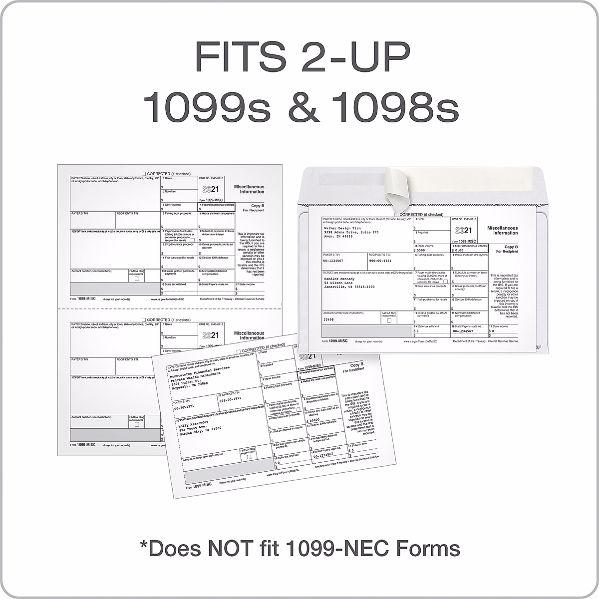 Adams 1099 Self Seal Double Window Security Tinted Envelopes, for 1099 Forms, 2-Up, Peel and Seal Closure, 5-5/8"" x 9"", 50 per Pack (TXA1099PS-2)