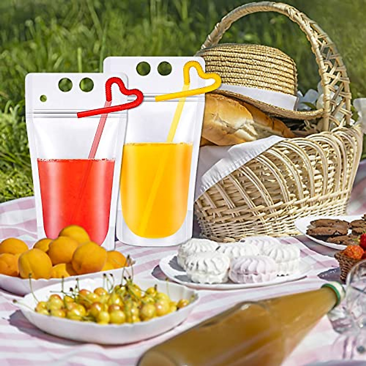 LOMIMOS 50 PCS Stand-Up Plastic Drink Pouches,Reusable Heavy Duty Hand-Held Translucent Reclosable Zipper Drink Bag with 50 Straws for Smoothie Juice Adult Party