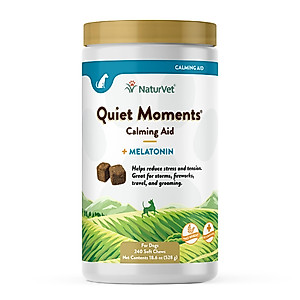 NaturVet Quiet Moments Calming Aid Melatonin Dog Supplement – Helps Reduce Stress in Dogs – for Pet Storm Anxiety, Fireworks, Motion Sickness, Grooming, Separation, Travel – 240 Ct. Chews