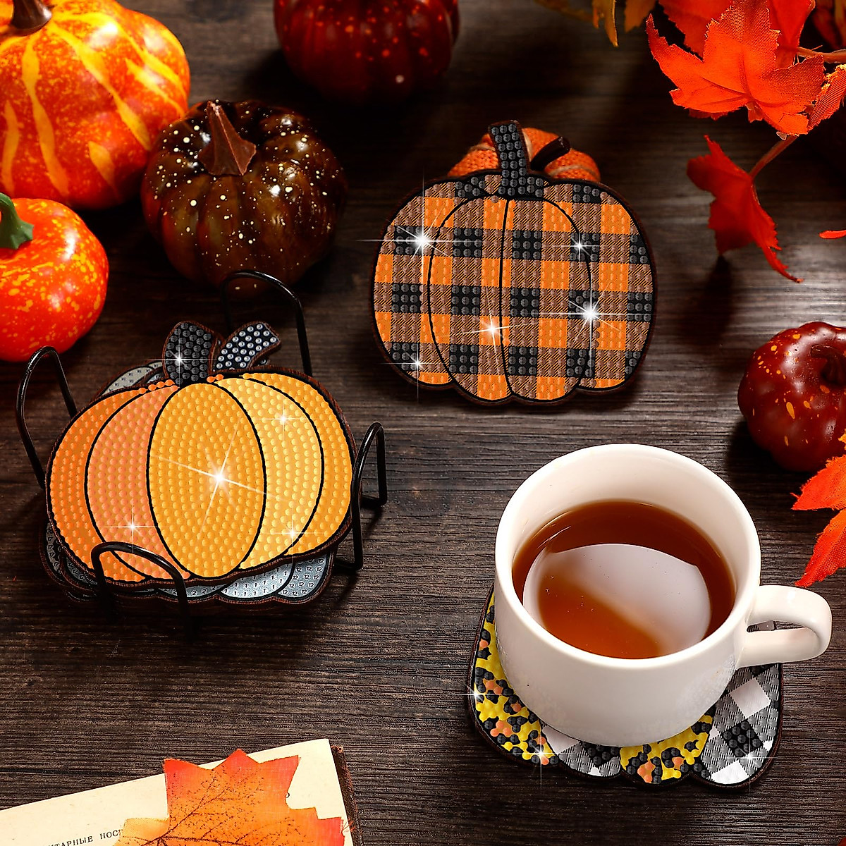 Shellwei 8 Pcs Fall Thanksgiving Diamond Art Coasters Pumpkin Diamond Painting Coasters with Holder Autumn DIY Diamond Painting Kit Diamond Coasters for Adults Crafts Gift Beginner