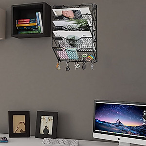COSYAWN 5 Tier Wall File Holder with Hook, Hanging Mail Organizer Metal Chicken Wire Wall Mount Magazine Rack with Label Panel, Black