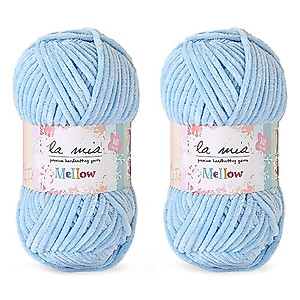 2 Skein La Mia Mellow Velvet Chenille Yarn for Knitting and Crocheting Baby Clothes, Blankets and Accessories, 100% Polyester, 100 gr (3.5 oz) / 115 m (125 Yards), Super Bulky, Baby Blue - 907