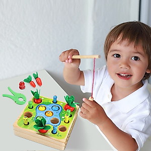 Celarlo Wooden Magnetic Fishing Game, Carrot Harvest Catching Worm Toy, Toddler Fine Motor Skills Toys, Montessori Preschool Learning 3 in 1 Fishing Sorting Toys Gift for Children Kids (Fishing Game)