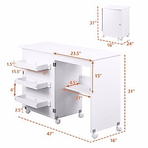 Usinso Folding Sewing Table Multifunctional Sewing Machine Cart Table Sewing Craft Cabinet with Storage Shelves Portable Rolling Sewing Desk Computer Desk with Lockable Casters(White)
