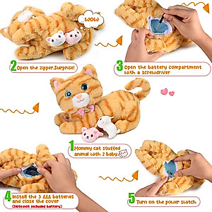 Electronic Cat Stuffed Animals Toys for Ages 3 4 5 6 7 8+ Years Old Kids - Mommy Cat with 2 Baby Kitty in Her Tummy, Idea Xmas Birthday Gifts for Baby, Toddler, Girls, Boys (Yellow)