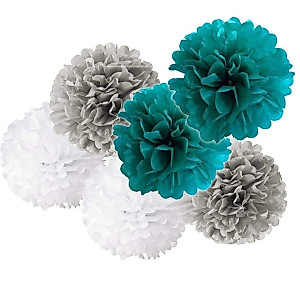Teal Bridal Shower Decorations White Teal Grey Tissue Paper Pom Pom Paper Lanterns Teal Themed Party Wedding Teal Blue Baby Shower Teal Sweet 16 Birthday Party Decorations Mermaid Party Supplies