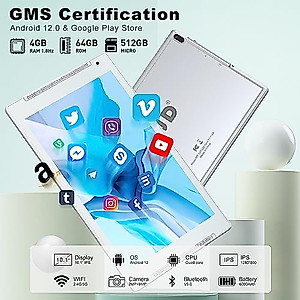TJD Android 12 Tablets,10.1 inch Tablet PC, 4GB RAM 64GB ROM 512GB MicroSD, FHD IPS Display, Dual Camera, Double Stereo Speakers, Wi-Fi5.0/2.4, Bluetooth5.0, Google GMS Certified (Silver)