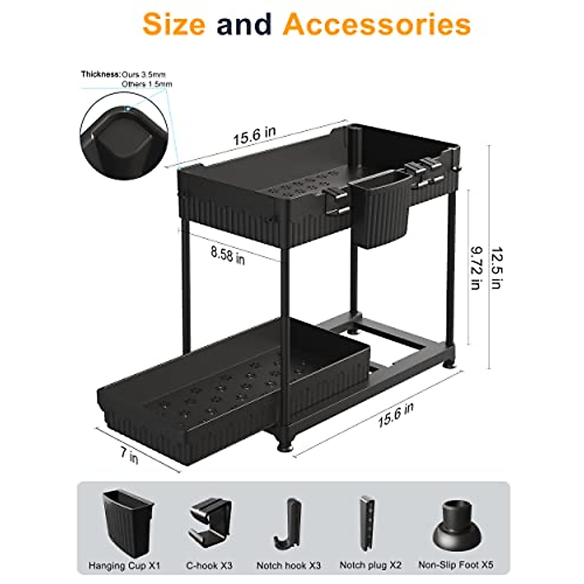 MHHA Under Sink Organizer, 2 Tier Sliding Bathroom Cabinet Organizer and Storage，Multi-purpose Under Kitchen Sink Oragnizers and Storage,1 Pack (Black)