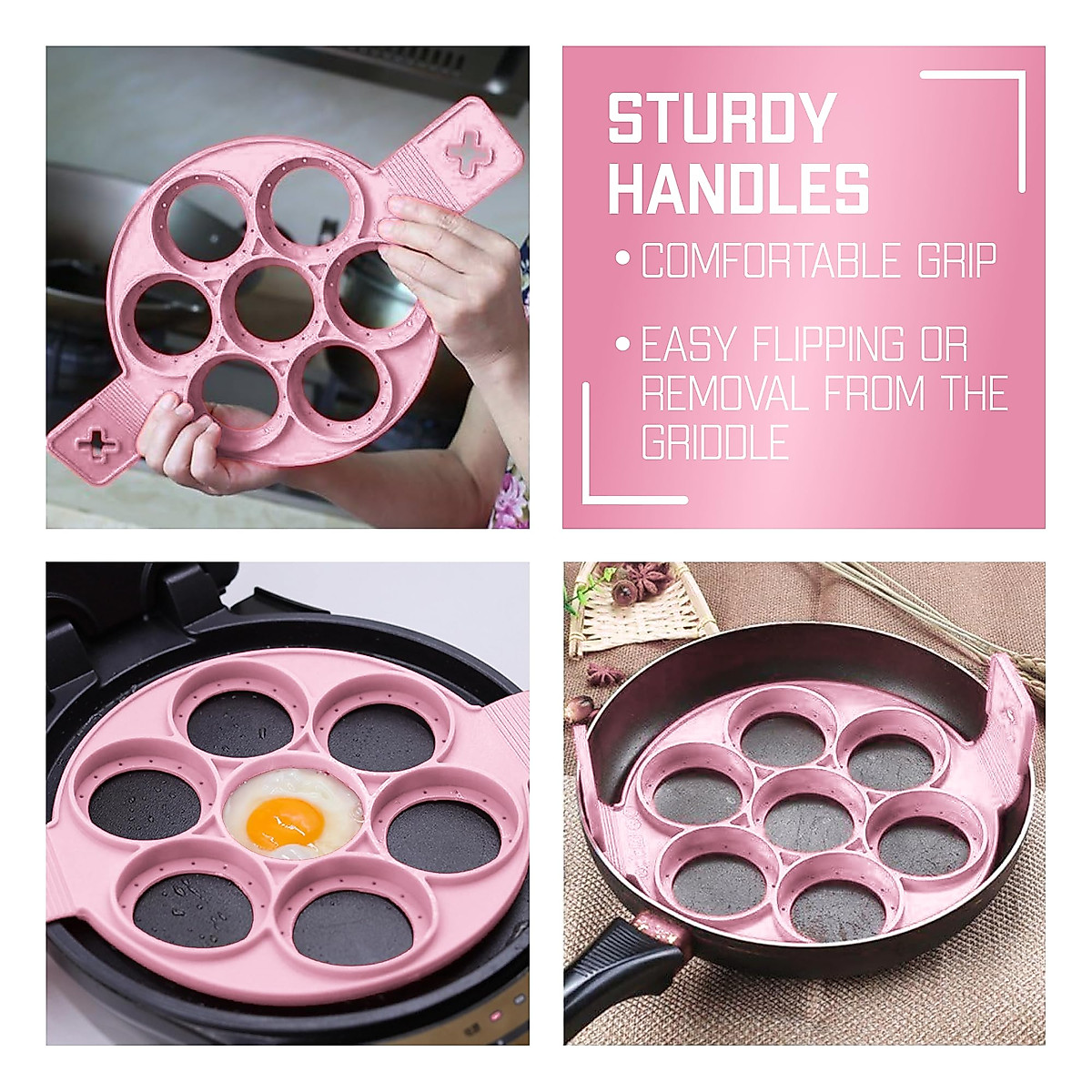 BIOPRONEXT Silicone Non Stick Pancake Maker - 7 Circles Mini Pancake Mold - Silicone Pancake Mold - Silicone Egg Rings for Griddle with Handles - Pancake Molds for Griddle Frying Eggs - Pink