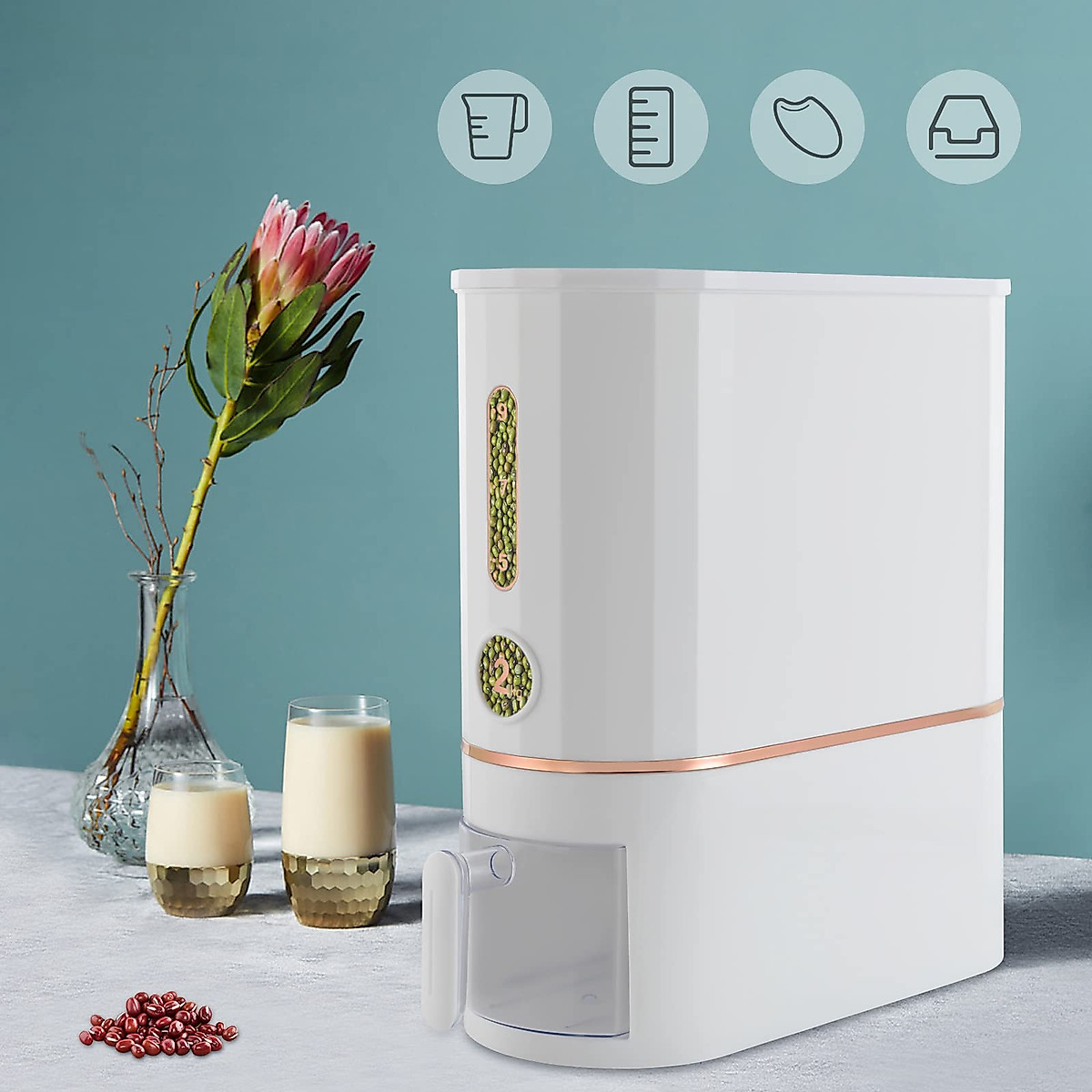 LOYALHEARTDY 22 Lbs Rice Dispenser with Airtight Locking Lid, Large Grain Container Storage with Lid Measuring Cylinder Moisture Proof Household Cereal Dispenser Bucket for Kitchen Soybean Corn