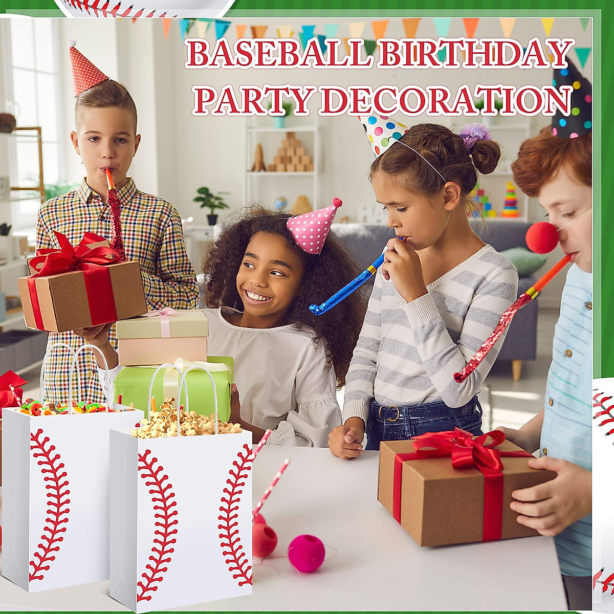 100 Pieces Baseball Paper Gift Bags with Handle Baseball Goody Candy Bags Treat Bags for Baseball Party Favors Birthday Party Gift Wrapping Supplies