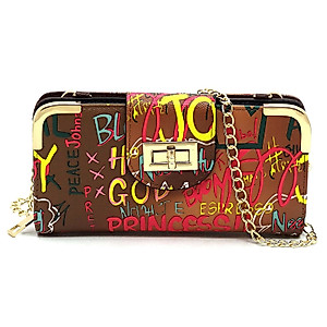 Multicolor Graffiti Printed Cell Phone Purse Wallet Smartphone Crossbody Wallet Travel Multifunction Phone Case Wristlet Clutch Wallet (#B-Tan/Yellow)