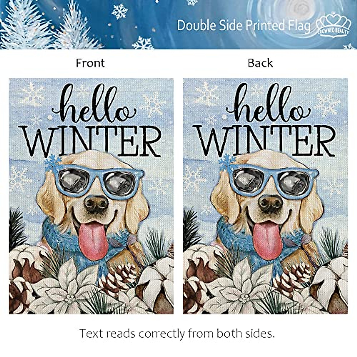 CROWNED BEAUTY Hello Winter Dog Golden Retriever Garden Flag 12x18 Inch Small Double Sided Yard Decorative Holiday Seasonal Outside Welcome Burlap Farmhouse Decoration