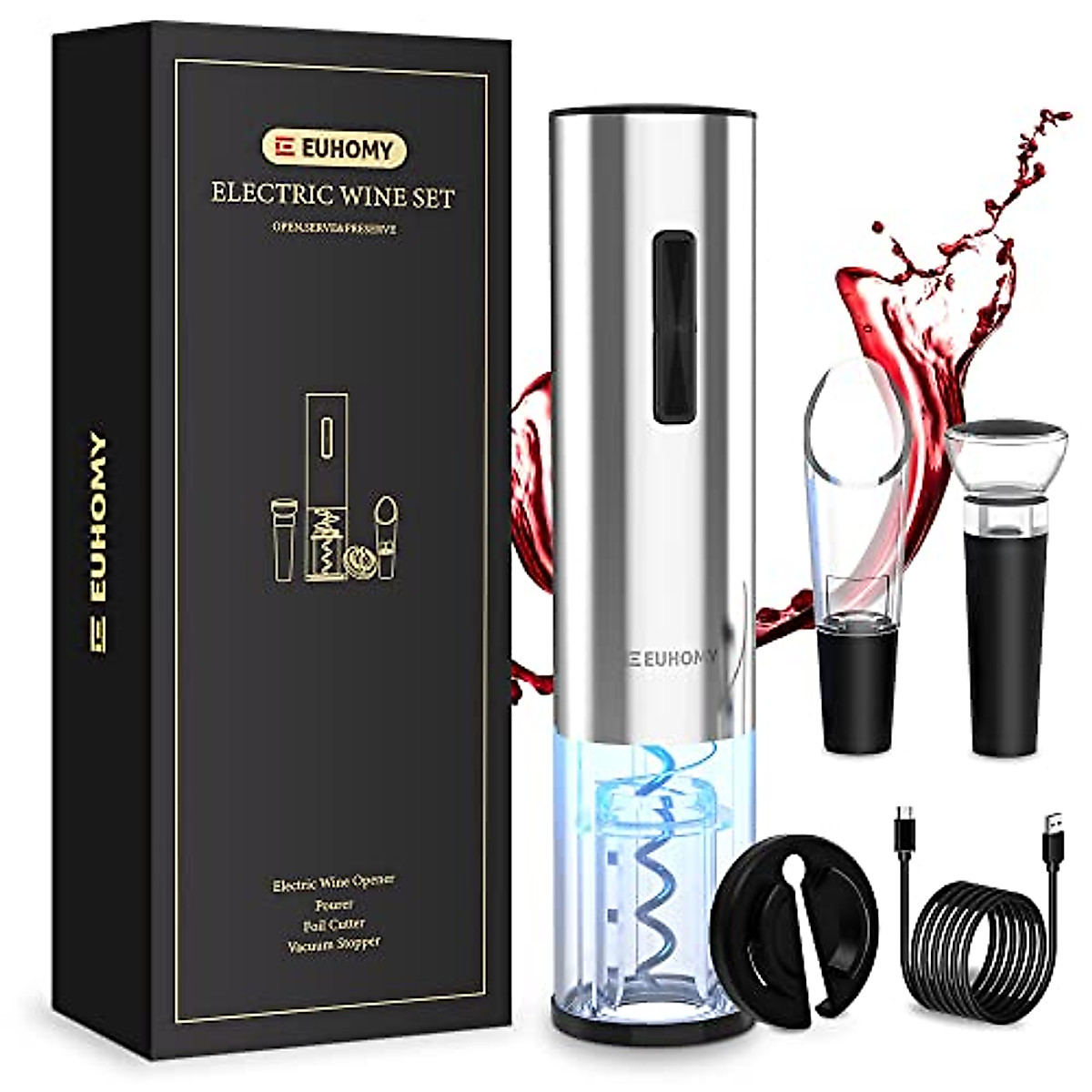 EUHOMY Electric Wine Opener with USB Charging,Reusable Stainless Steel Cordless Electric Wine Bottle Opener SET with 2-in-1 Aerator &Pourer, Foil Cutter, Vacuum Preservation Stoppers