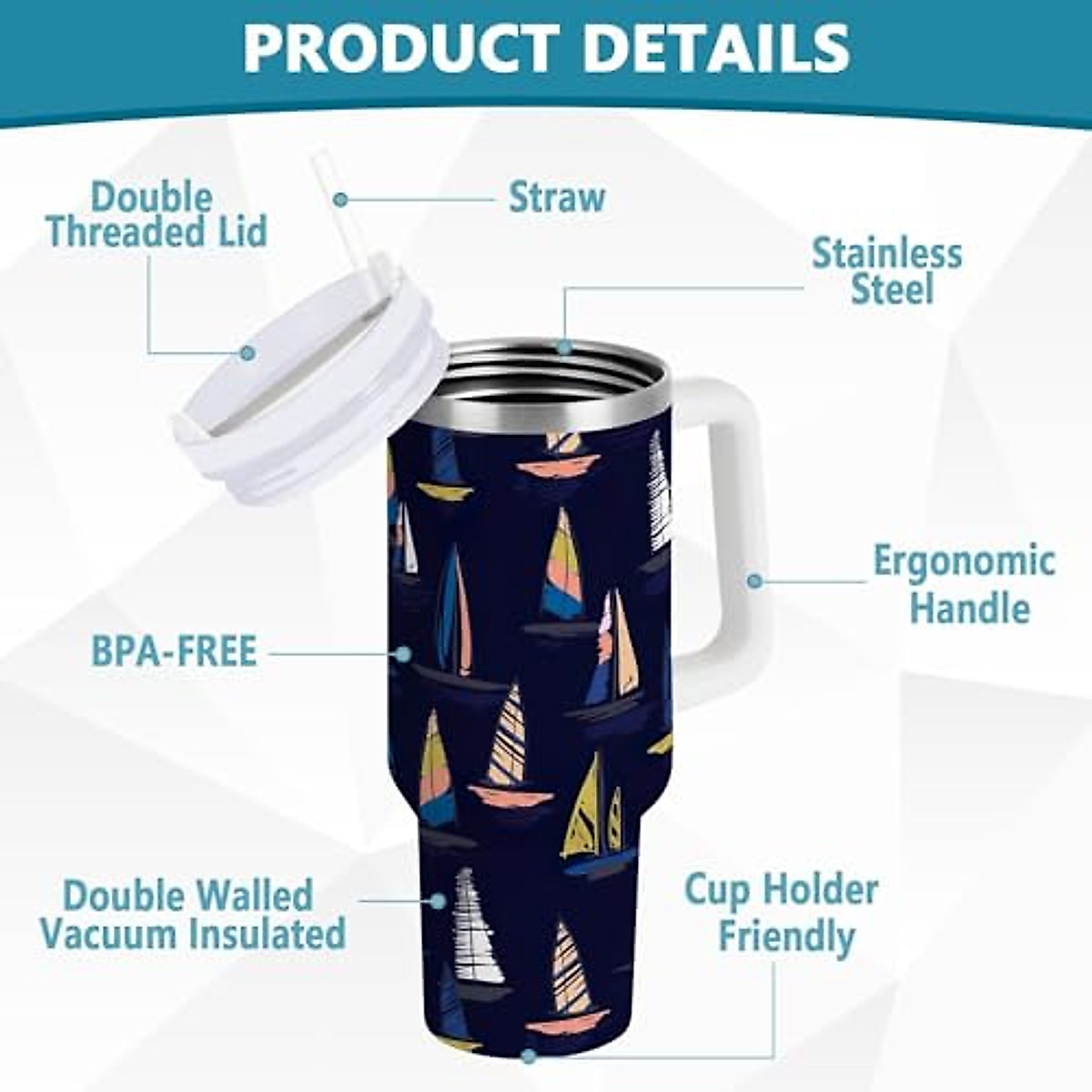 Joisal Hand Drawing Colorful Sailboat Tumbler Cup with Handle and Straw Ice Coffee Cups 40 Oz Stainless Steel Tumbler