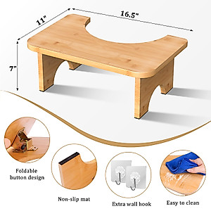 Vatex Bamboo Toilet Stool, 7” Foldable Potty Poop Bathroom Stool with Extra Soft Microfiber Rug and Hooks, Non-Slip Toilet Assistance Step Stool for Adult, Improve Squatting Posture - Healthy Gifts
