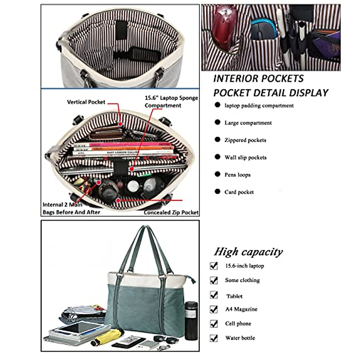 Scioltoo Tote Purses for Women 15.6 In Canvas Teacher Shoulder Bag With Zipper Women's Large Handbags Purse Bag for Work and Travel with Pockets Green