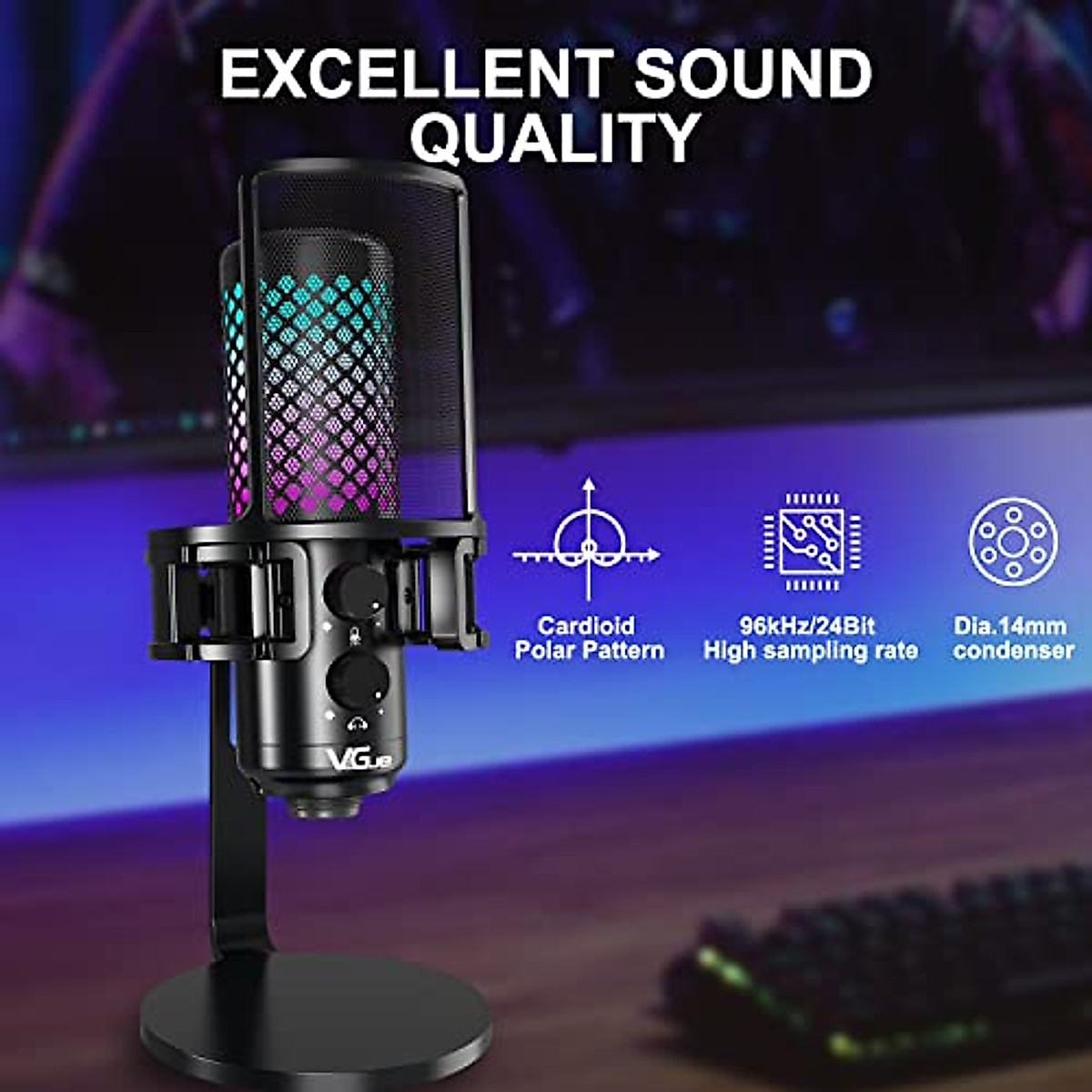 VeGue USB Gaming Microphone for PS5, All Metal PC Computer Condenser Mic with RGB Light, Mute Button, Pop Filter, Shock Mount, Gain Control for YouTube Recording Streaming Twitch Podcasts Videos