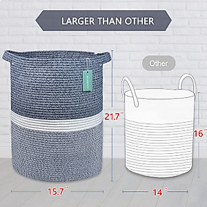 BOSROTY Large Blanket Basket, Tall Laundry Basket 72L, Nursery Hamper, Laundry Hamper, Clothes Basket Laundry, Large Storage Basket, Cotton Rope Basket, Toy Basket, 16”x 22”,Blend Navy Blue & White