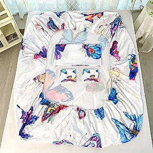 CVHOUSE Butterfly Fitted Sheet Queen Size,Butterfly Bedding Set,Colorful Butterfly Bed Sheet Set,1 Flat Sheet & 1 Fitted Sheet with 2 Pillow Cases - 4 Piece