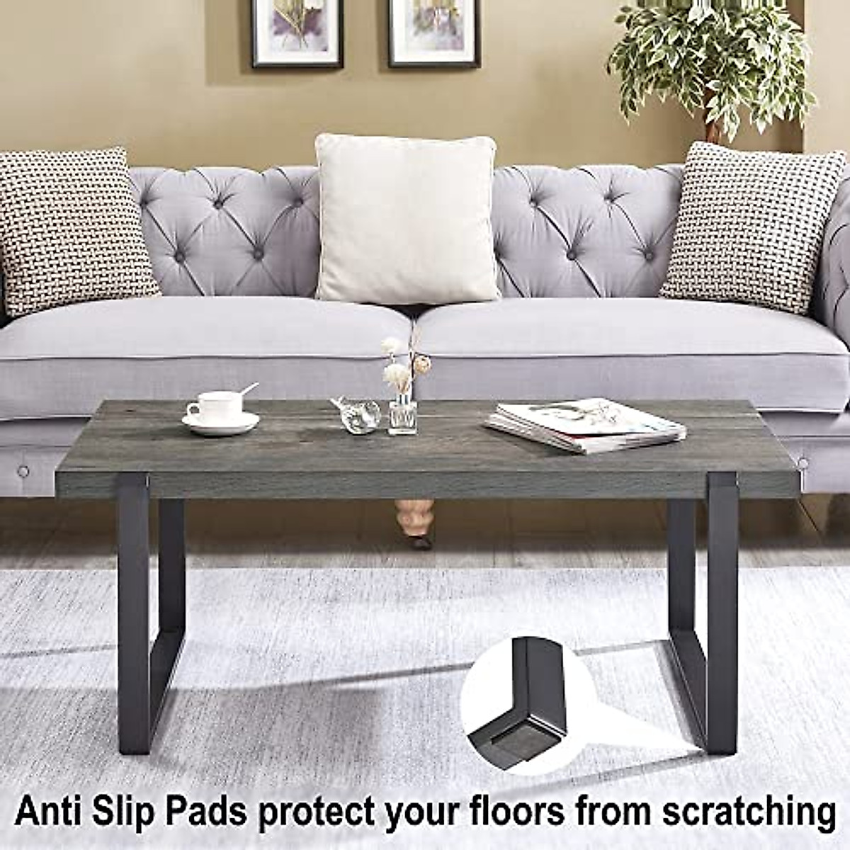 EXCEFUR Coffee Table, Rustic Wood and Metal Center Table, Modern Cocktail Table for Living Room, Grey