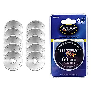 Ultima 60mm Rotary Cutter Blades – 10 Blades Per Pack – Fits Most Rotary Cutters Including Fiskars, Olfa, Martelli and TrueCut – Cuts Quilting Fabric, Leather, and More