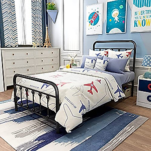 Elegant Home Products Vintage Twin Size Bed Frame with Headboard and Footboard Mattress Heavy Duty Metal Platform, Steel Slat Support (Twin, Black Sanded)