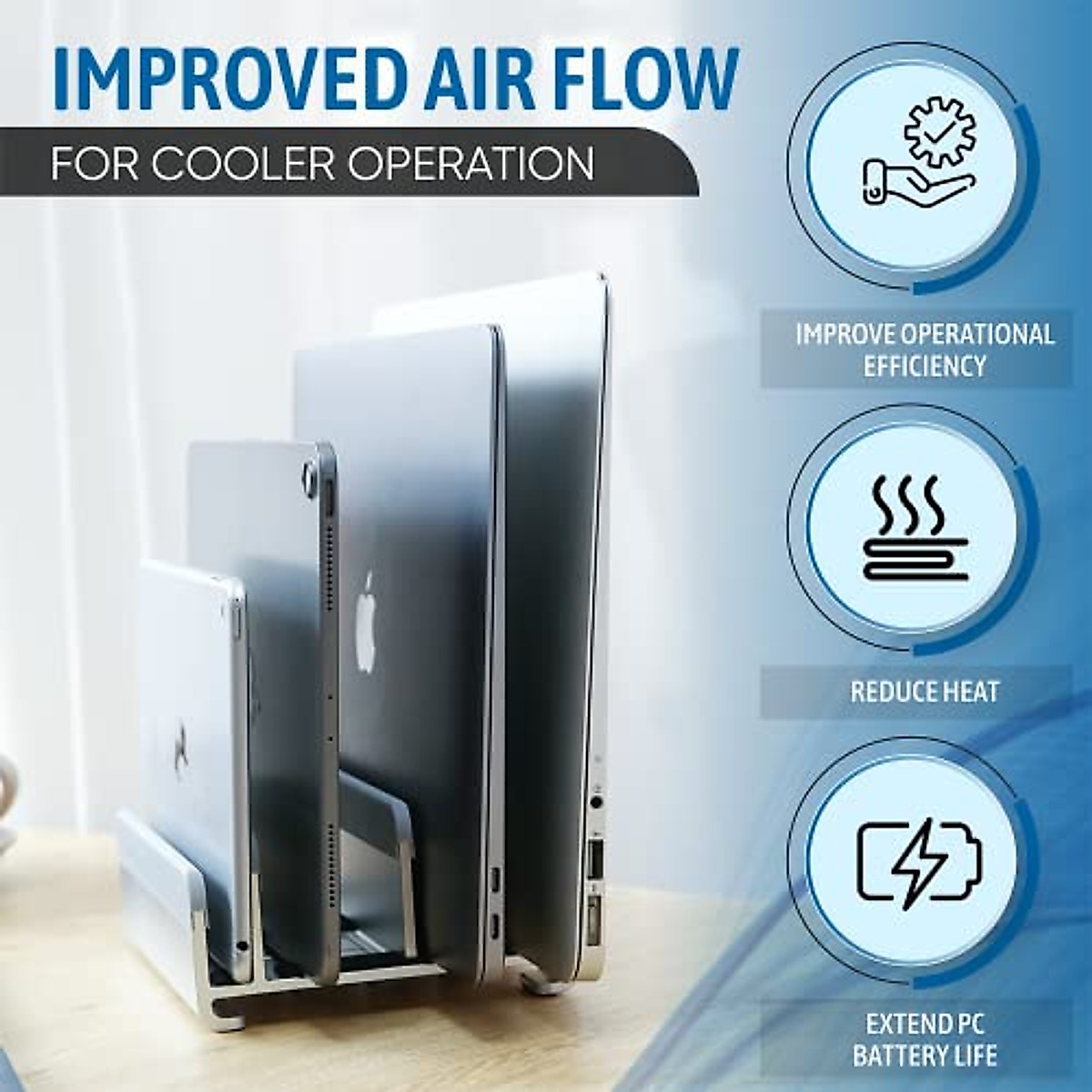 Elestoria Multiple Laptop Holder Vertical – Adjustable Laptop Vertical Stand Holds 5 Devices, Fits All MacBooks Laptops Tablets and Mobiles (up to 17.3”). Closed Upright Vertical Laptop Stand for Desk