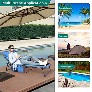 YITAHOME Patio Lounge Chair, Portable Reclining Chairse Lounge Folding Camping Cot 5 Posistion Adjustable w/Head Pillow & Portable Handbag for Camping, Pool, Beach and Patio, Blue