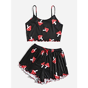 COZYEASE Women's 2 Piece Pajama Set Cartoon Print Lettuce Trim Cami Top and Shorts Cute Sleepwear Black M