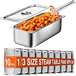 WantJoin 1/3 Size Hotel Pans with lids,10 Pack 6" Inch Deep Commercial Steam Table Pans Third Size with lids,Stainless Steel Steam Pan Restaurant Anti Clogging Steamer for Party,Restaurant,Hotel