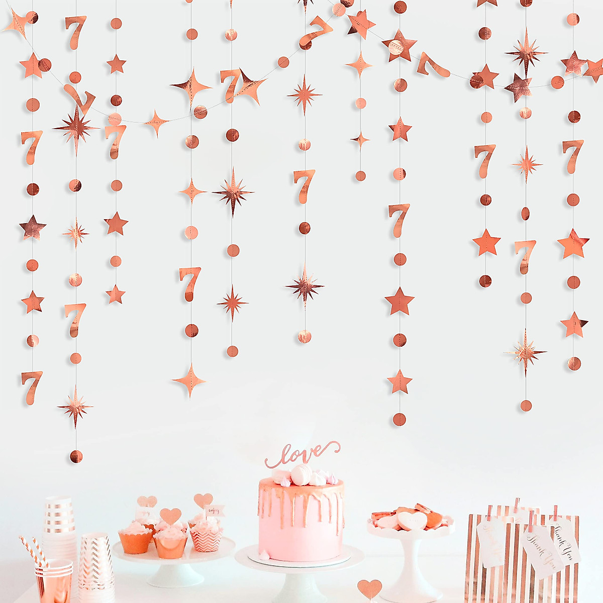 Rose Gold 7th Birthday Decorations Number 7 Circle Dot Twinkle Star Garland Metallic Hanging Streamer Bunting Banner Backdrop for Girls Boys Seven Year Old Birthday 7th Anniversary Party Supplies