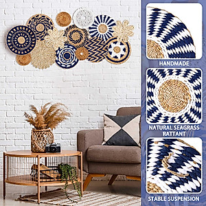 Xuhal 15 Pcs Boho Wall Basket Decor Hanging Woven Wall Basket Decorative Rustic Handcrafted Seagrass Baskets Round Woven Hanging Art for Home Farmhouse Kitchen Table Living Room (Blue Classic Style)