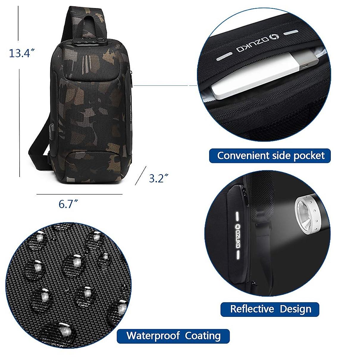 ZUK Anti Theft Sling Bag Shoulder Crossbody Backpack Waterproof Chest Bag with USB Charging Port Lightweight Casual Daypack (Camouflage)