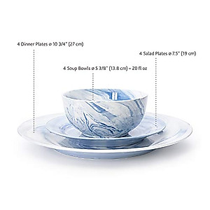 Divitis Home Fusion Porcelain Dinnerware Set 12 Piece, Blue Round Plates (Soup Bowls, Dinner Plates, Salad Plates), Porcelain Dinnerware Set, Dinnerware Set, Dinner Plates, Plates and Bowls Sets