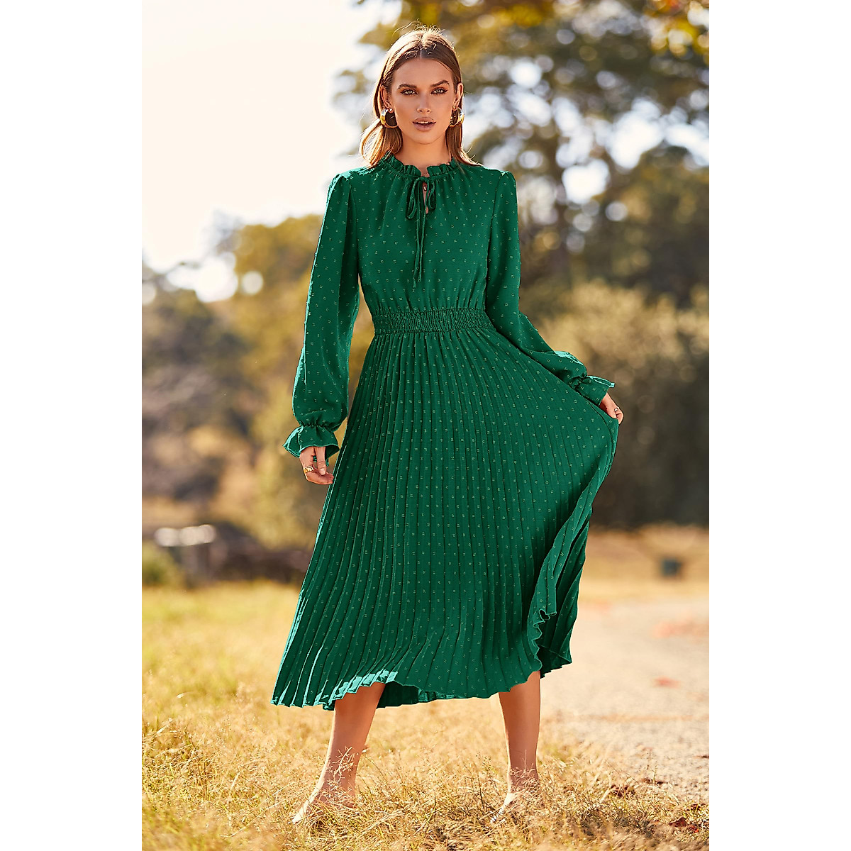 PRETTYGARDEN Women's 2024 Fall Midi Dress Casual Long Sleeve V Neck Swiss Dot Pleated A Line Flowy Dresses (Dark Green,Large)
