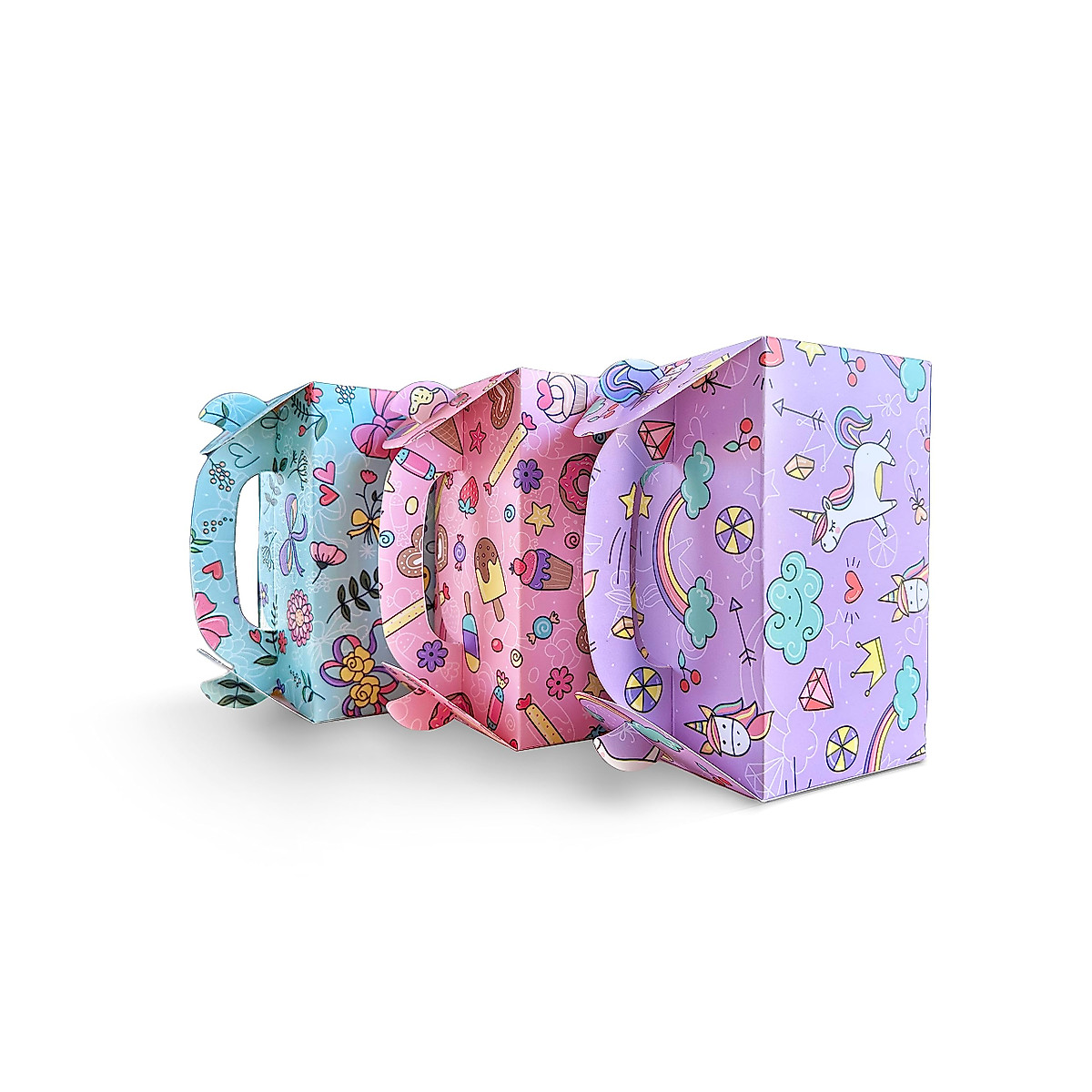 MintieJamie Handle Cardboard Treat Boxes 6.25 X 3.5 X 3.5 Inches, Pack of 12pcs Pastel Color Cute Birthday Boxes, Party Favor Gifting Gable Boxes